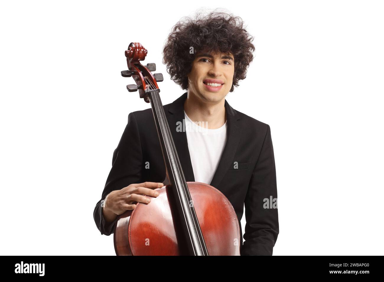 Portrait of a young artist with a cello isolated on white background ...