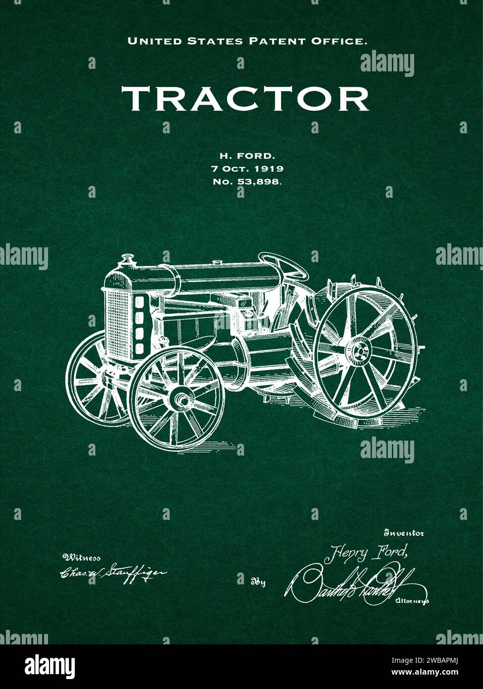 US patent design from 1919 for a farm tractor by Henry Ford on a green ...
