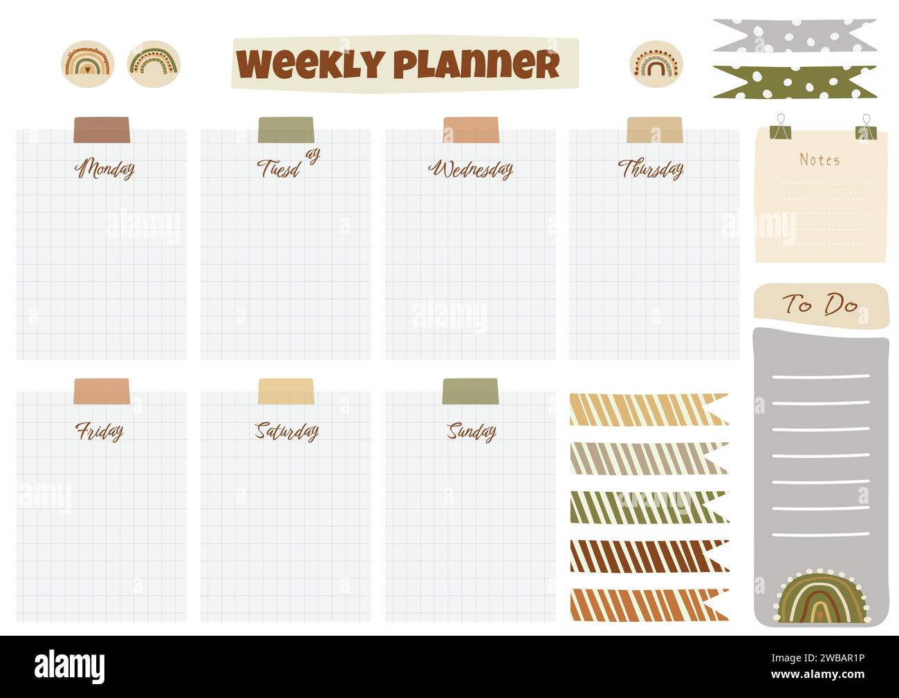 Printable planner template in vector with cartoon rainbow drawings and ...