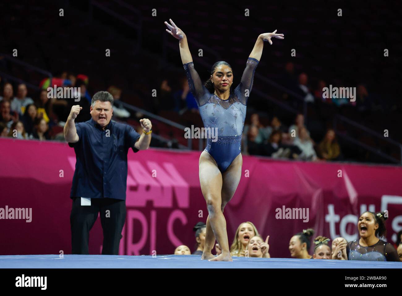 California's eMjae Frazier competes on the floor exercise during an ...