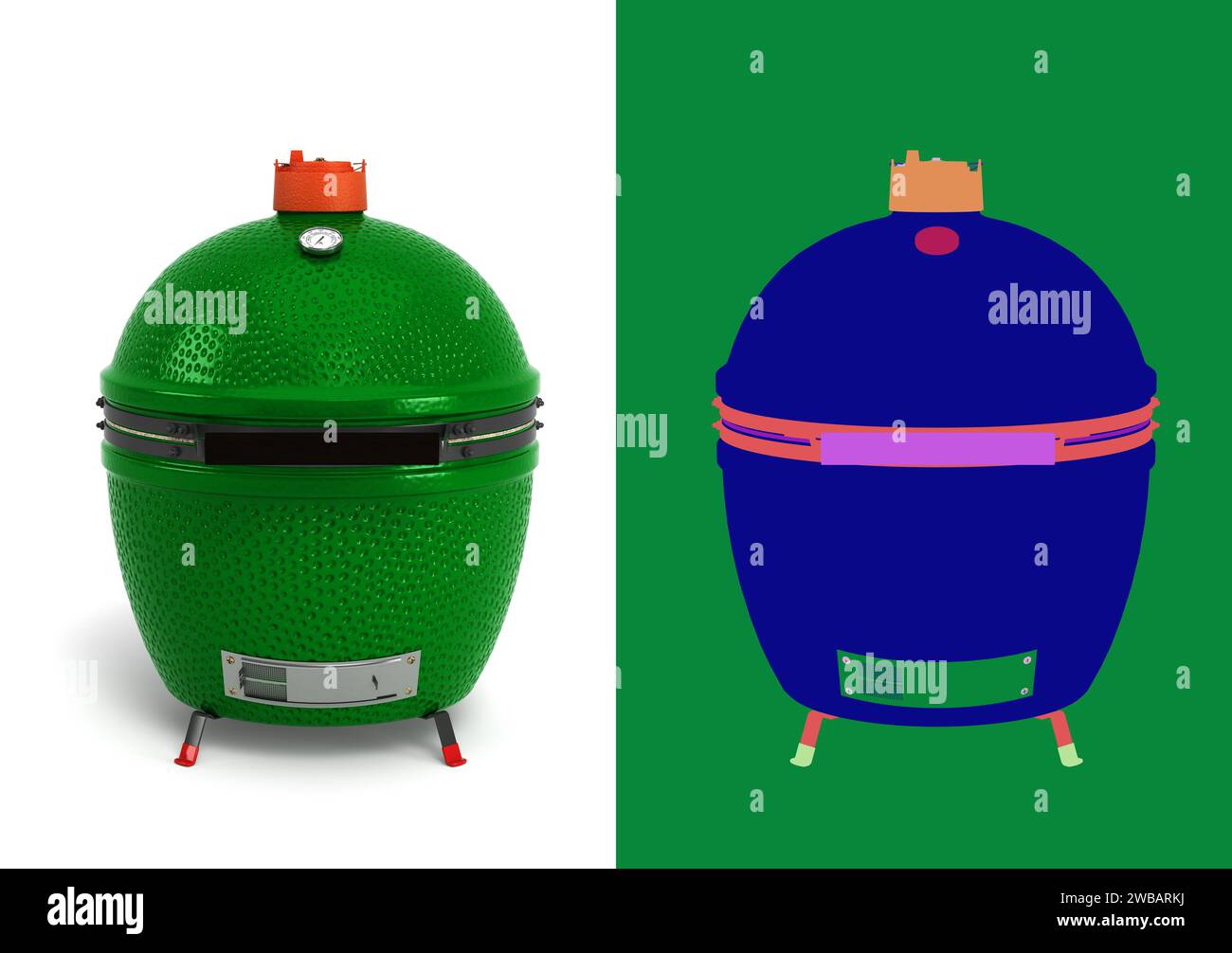 Small barbecue green color BBQ grill for outdoor prepare meat food front view 3d render on white ...