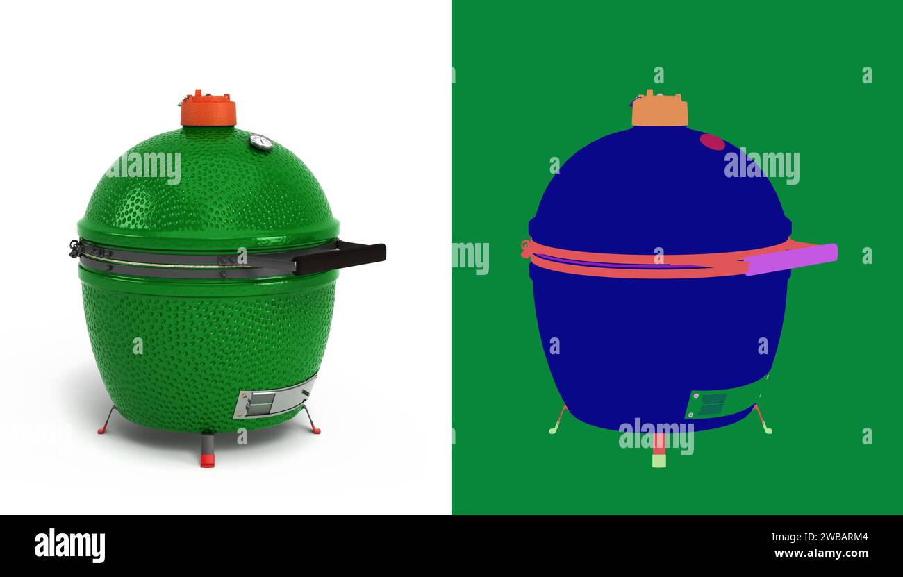 Small barbecue green color BBQ grill for outdoor prepare meat food 3d render on white with alpha ...