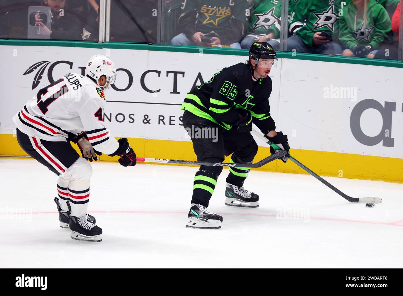 Chicago Blackhawks defenseman Isaak Phillips (41) and Dallas Stars ...