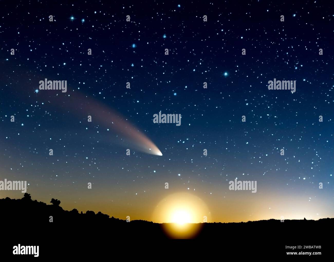 Illustration of comet in blue starry sky with sun rising Stock Photo ...