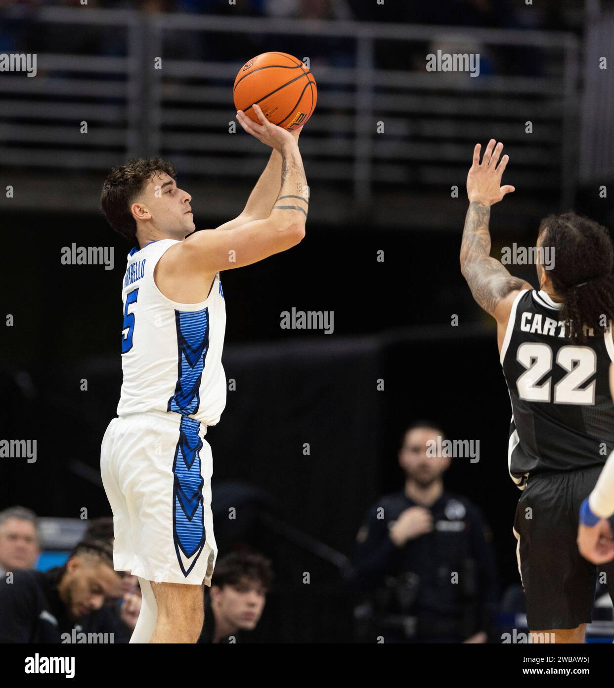 Creighton's Francisco Farabello (5) shoots against Providence's Devin ...