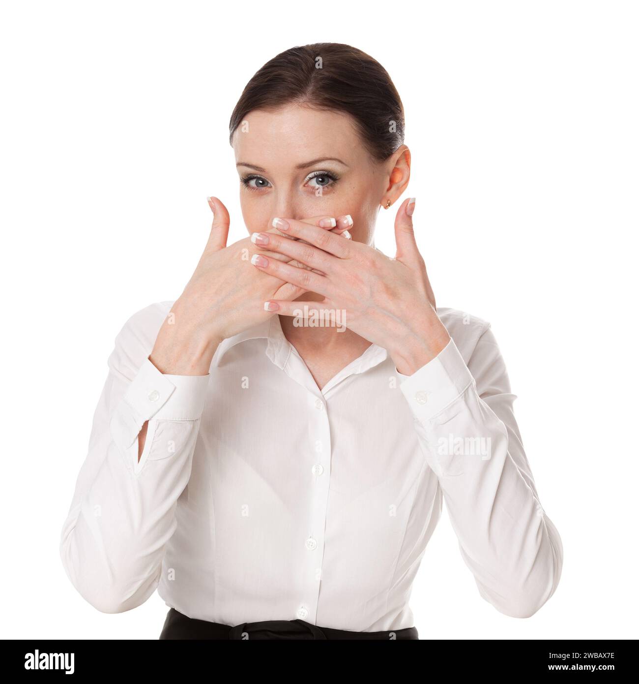 Business Woman Covering Her Mouth With Her Hands Isolated On White