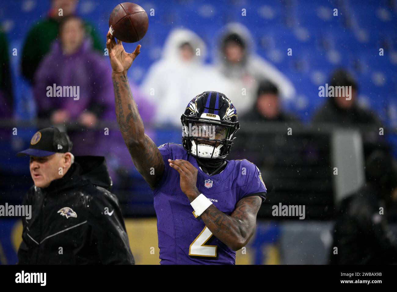 Baltimore Ravens quarterback Tyler Huntley (2) works out before an NFL ...