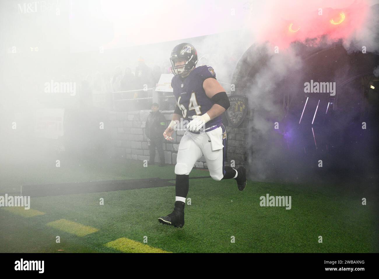 Baltimore Ravens center Tyler Linderbaum (64) takes to the field before ...
