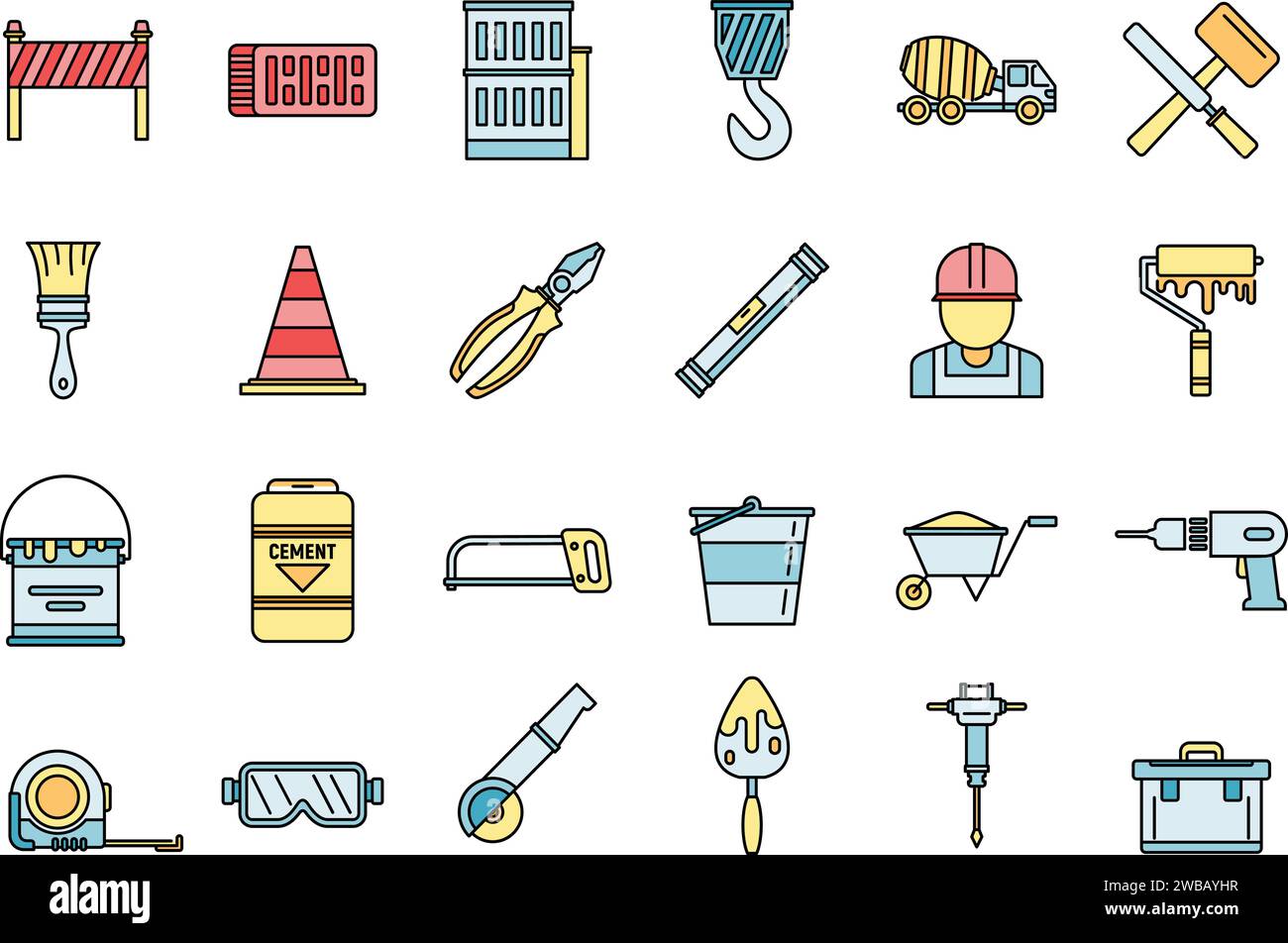 Modern building reconstruction icons set. Outline set of modern ...