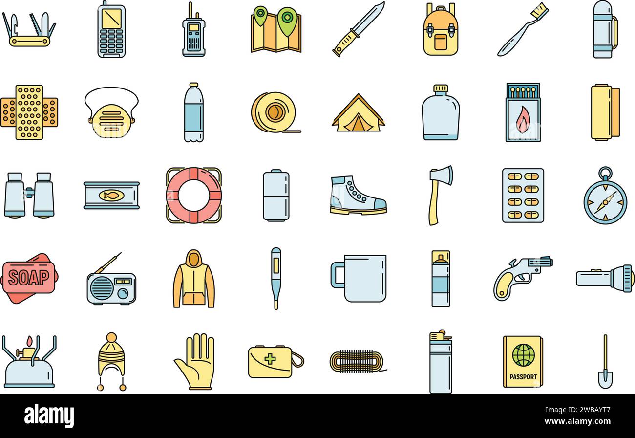 Survival activity icons set. Outline set of survival activity vector ...