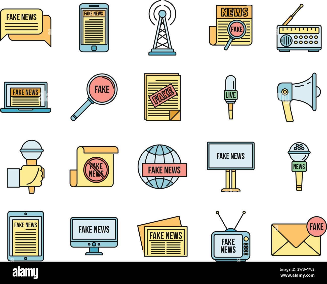 Modern fake news icons set. Outline set of modern fake news vector icons thin line color flat on ...