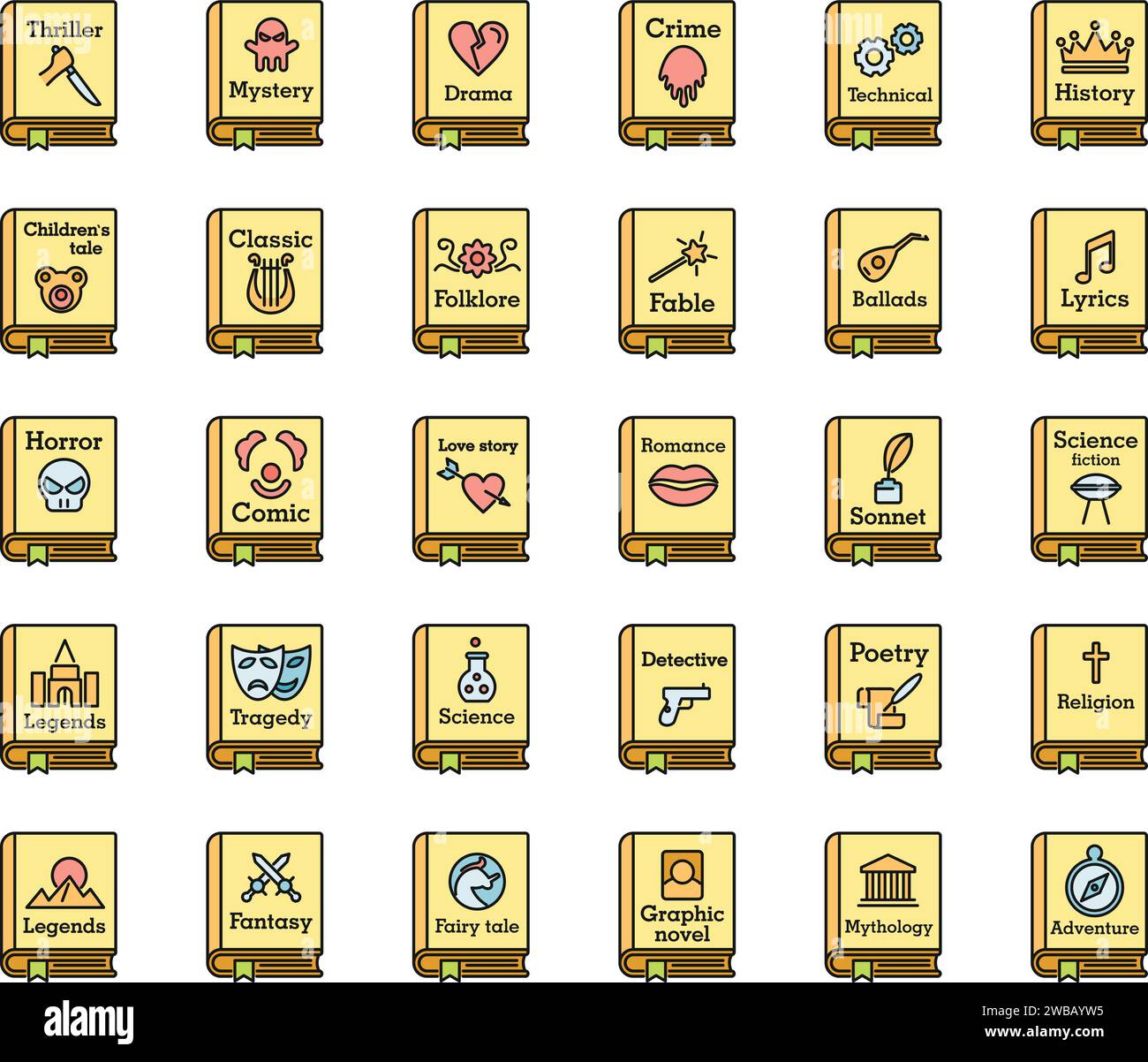 Literary genres book icons set. Outline set of literary genres book ...
