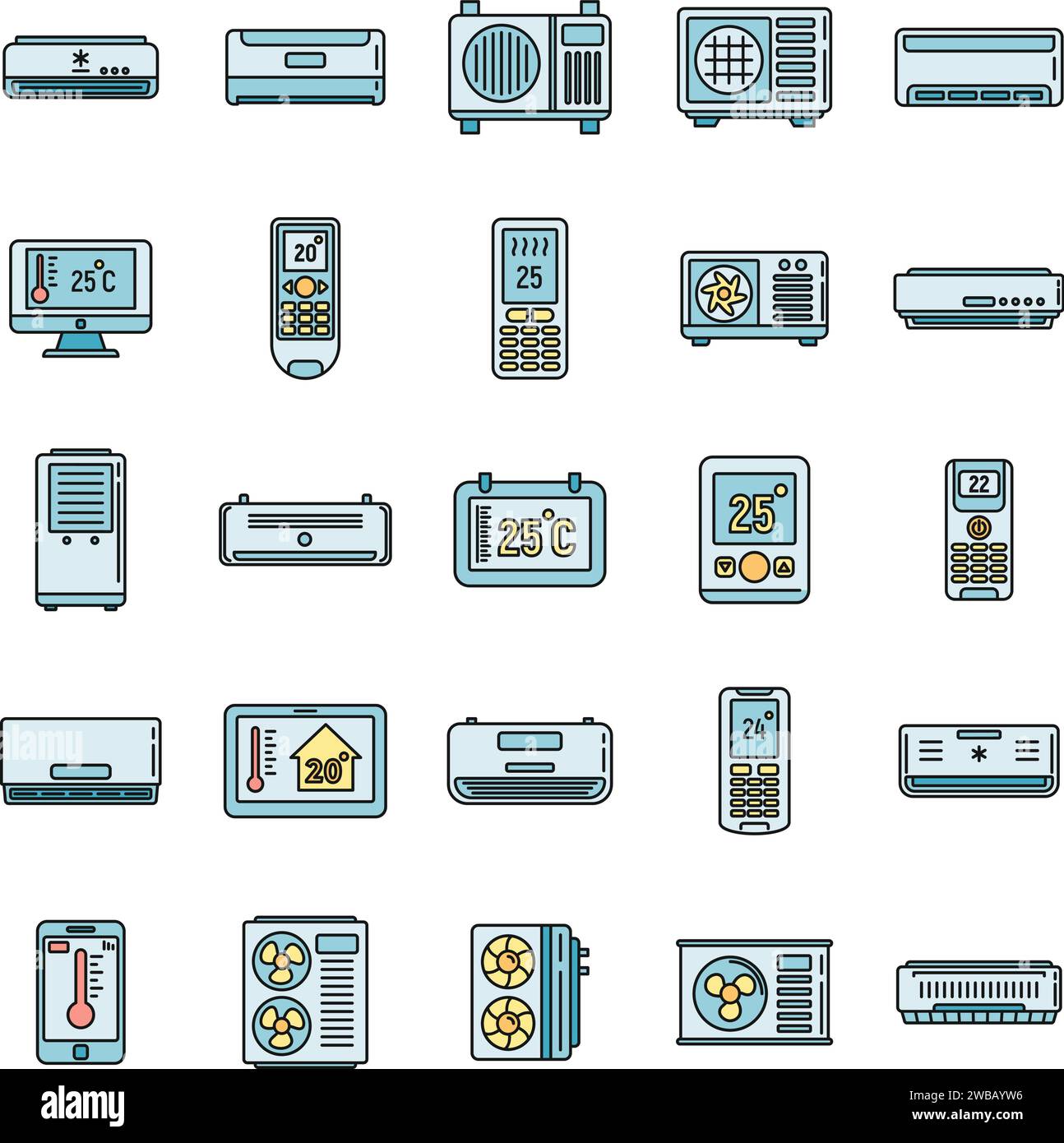 Modern climate control systems icons set. Outline set of modern climate ...