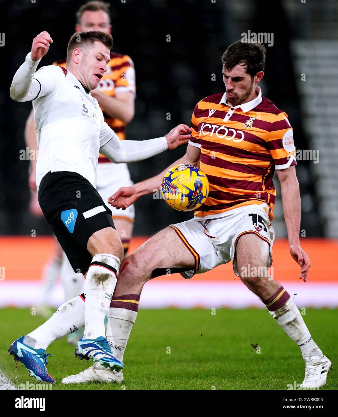Derby County's James Collins (left) and Bradford City's Sam Stubbs ...