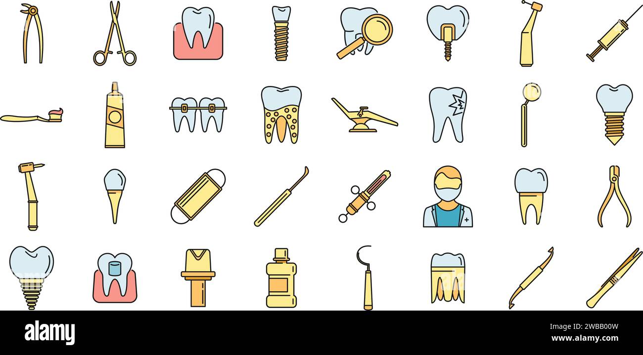 Tooth restoration clinic icons set. Outline set of tooth restoration ...