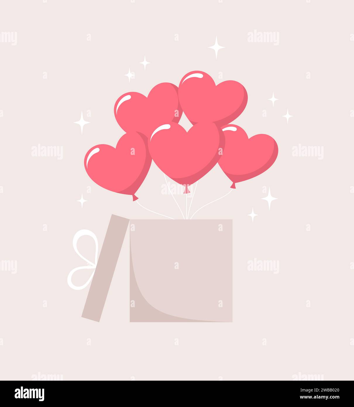 Inflatable heart balloons flying out of an open gift box on a beige background. Vector ...