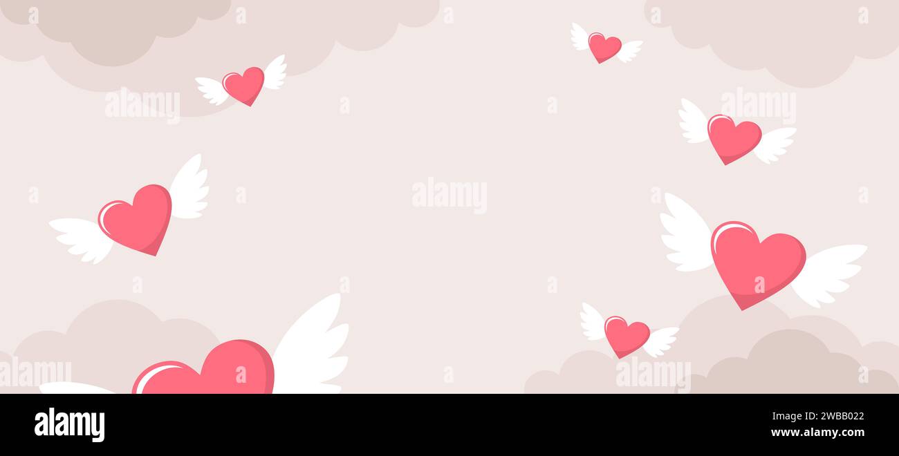 Winged pink flying hearts on a beige cloudy background, copy space ...