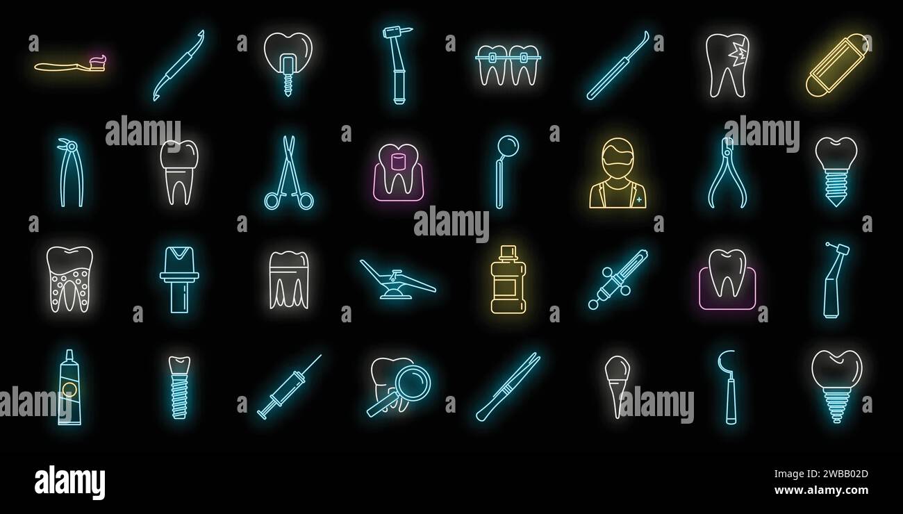 Tooth restoration clinic icons set. Outline set of tooth restoration ...