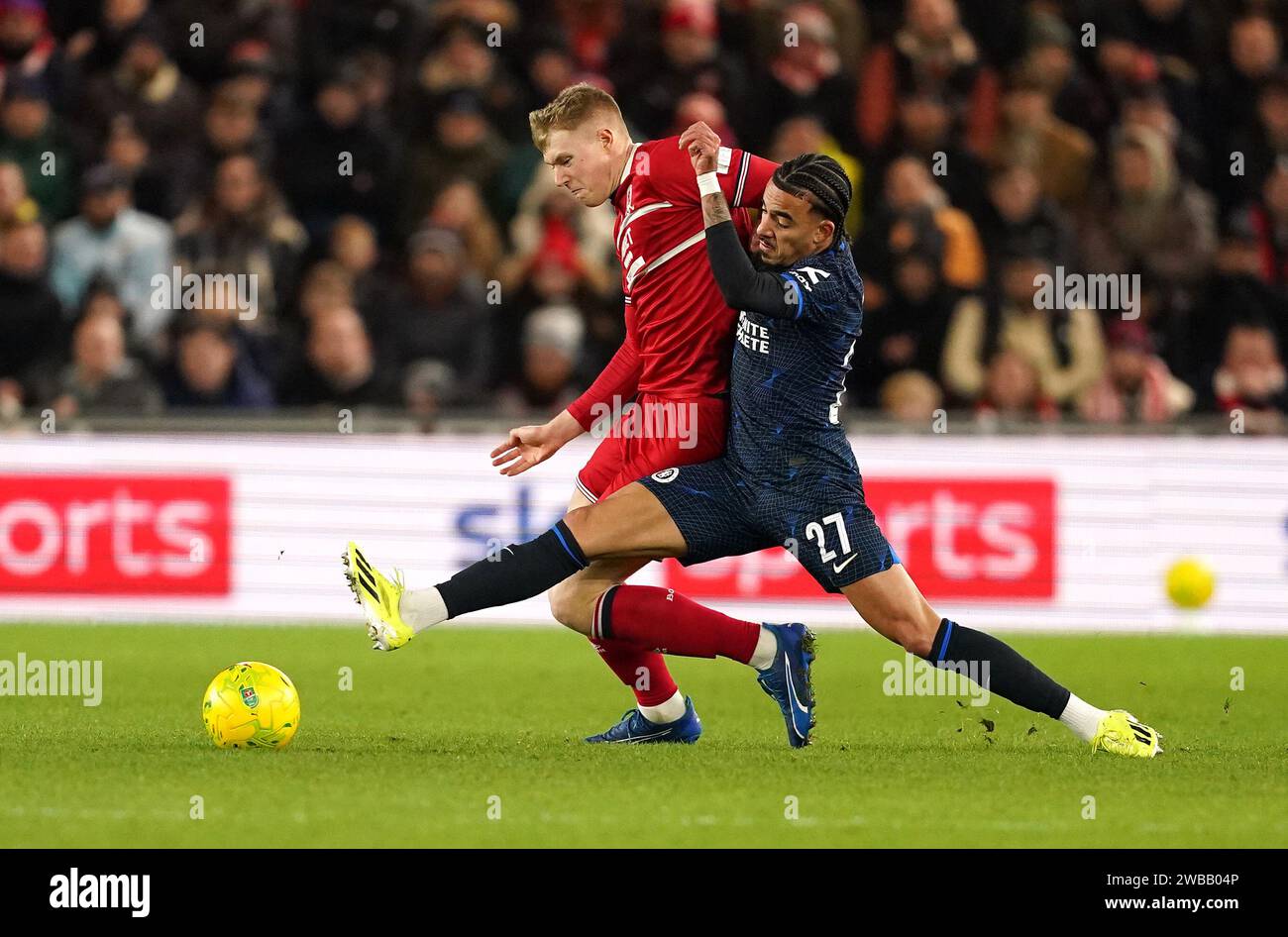 Chelsea's Malo Gusto (right) attempts a tackle on Middlesbrough's Josh ...