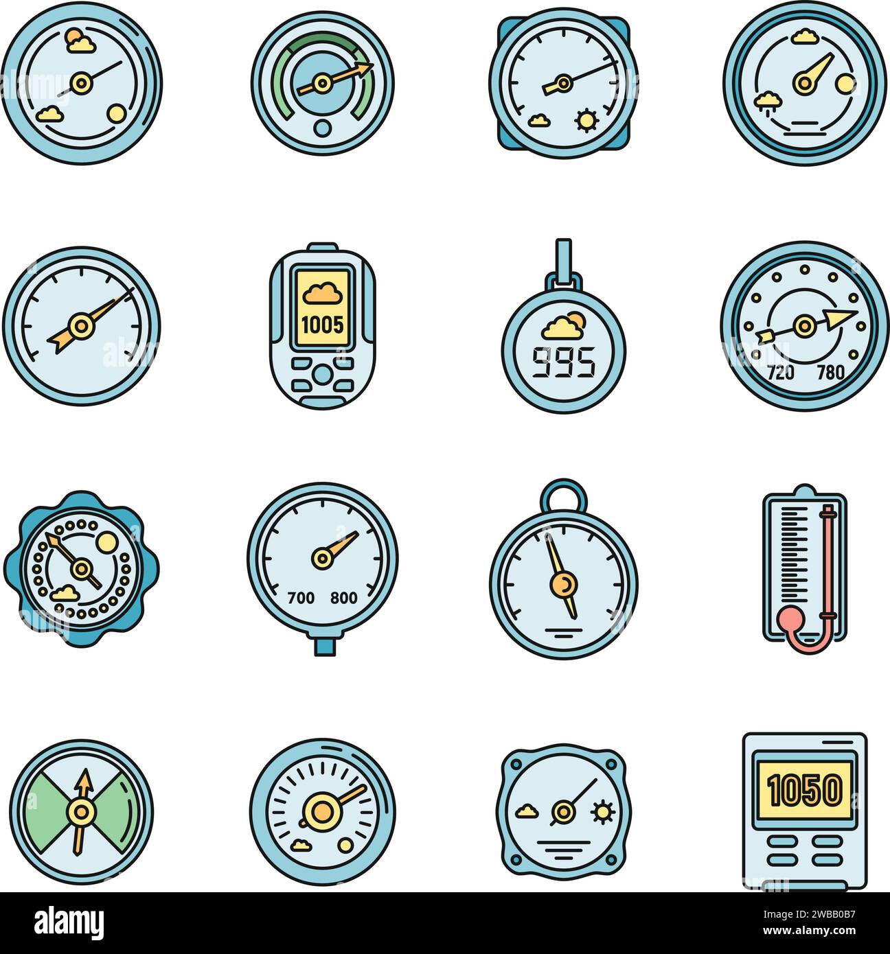 Barometer control icons set. Outline set of barometer control vector icons thin line color flat ...