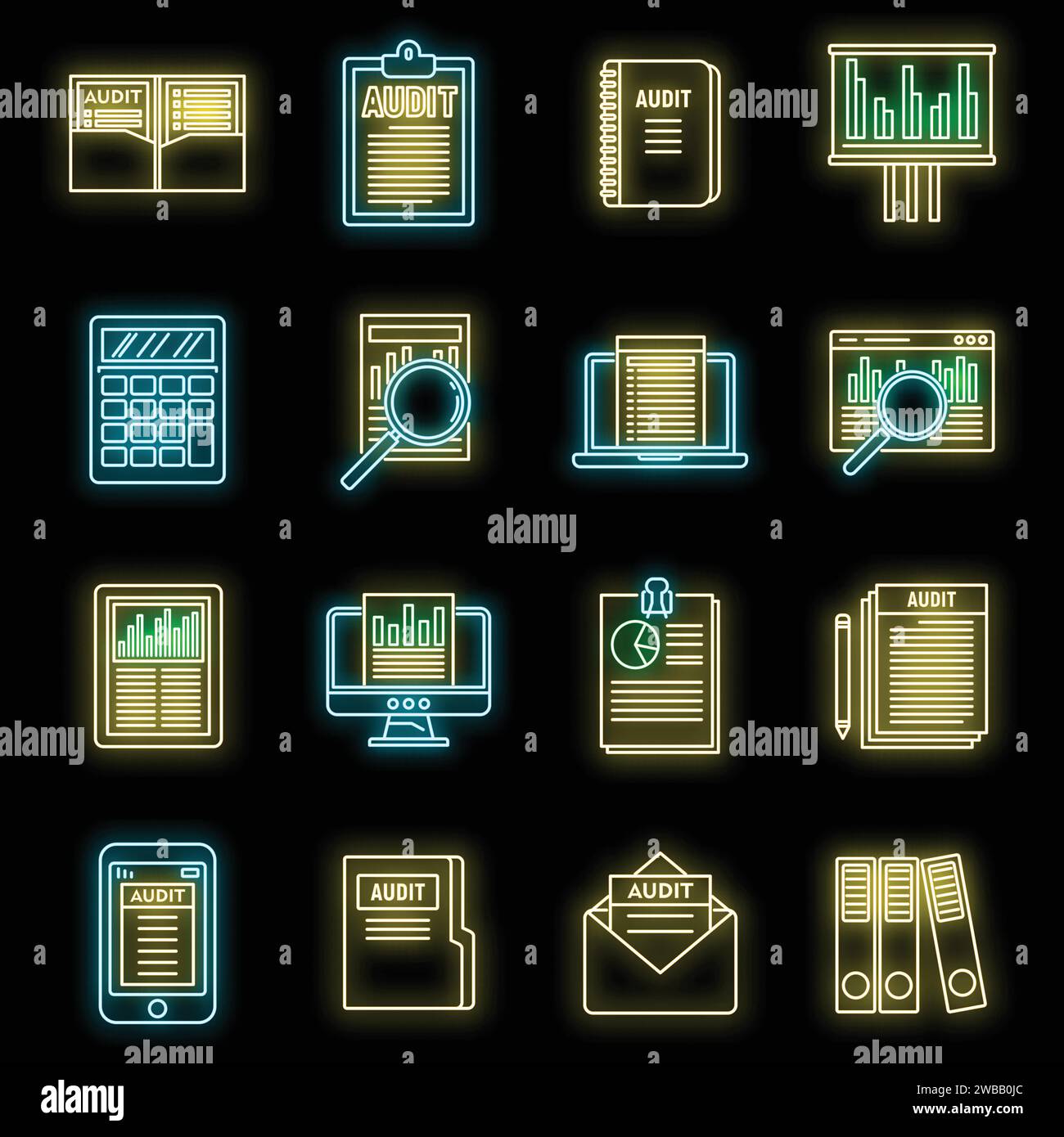 Audit system icons set. Outline set of audit system vector icons neon ... Audit system icons set. Outline set of audit system vector icons neon ...