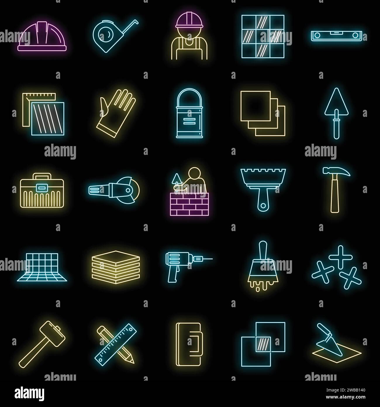 Tiler worker icons set. Outline set of tiler worker vector icons neon ...