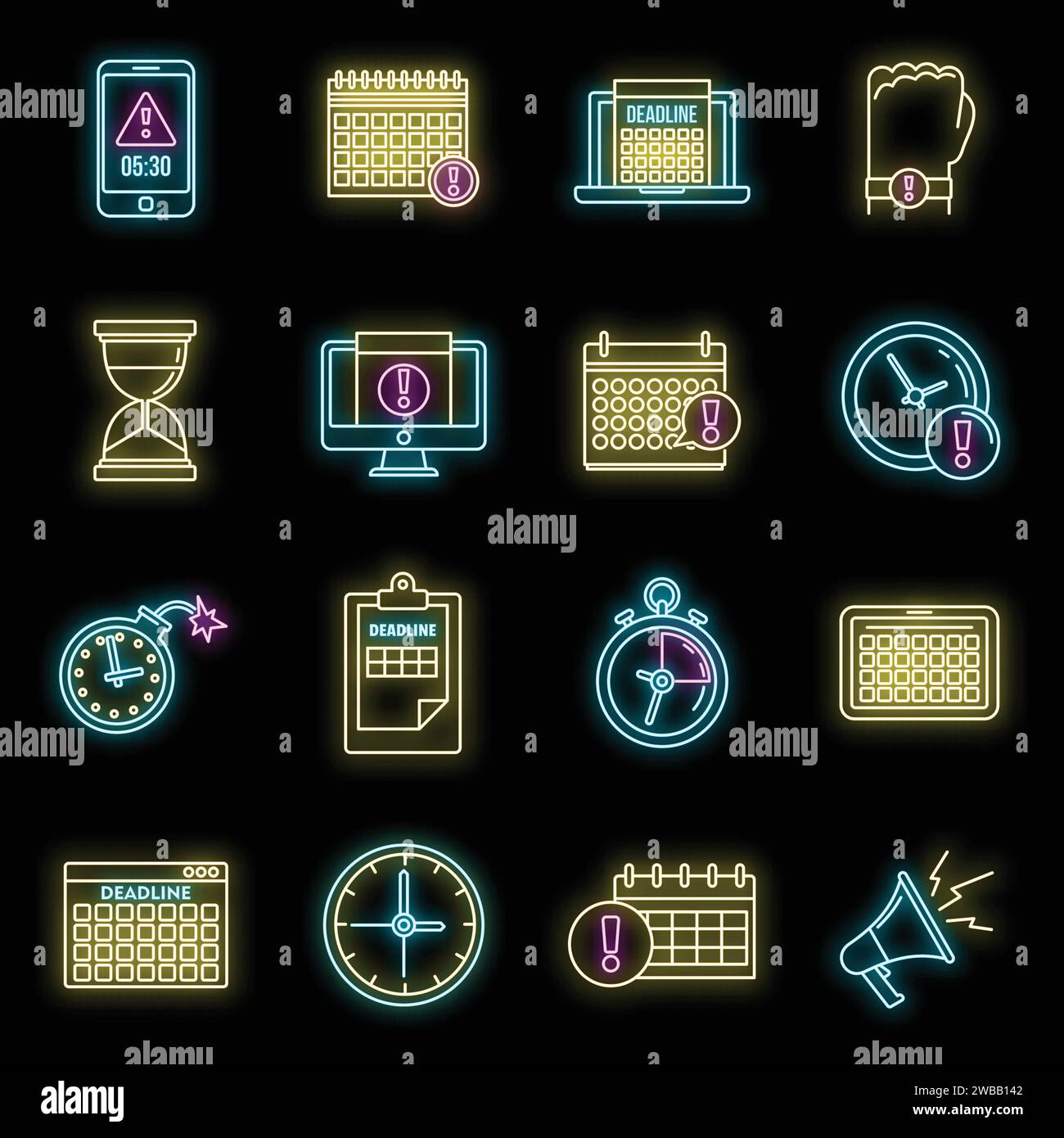 Work deadline icons set. Outline set of work deadline vector icons neon ...