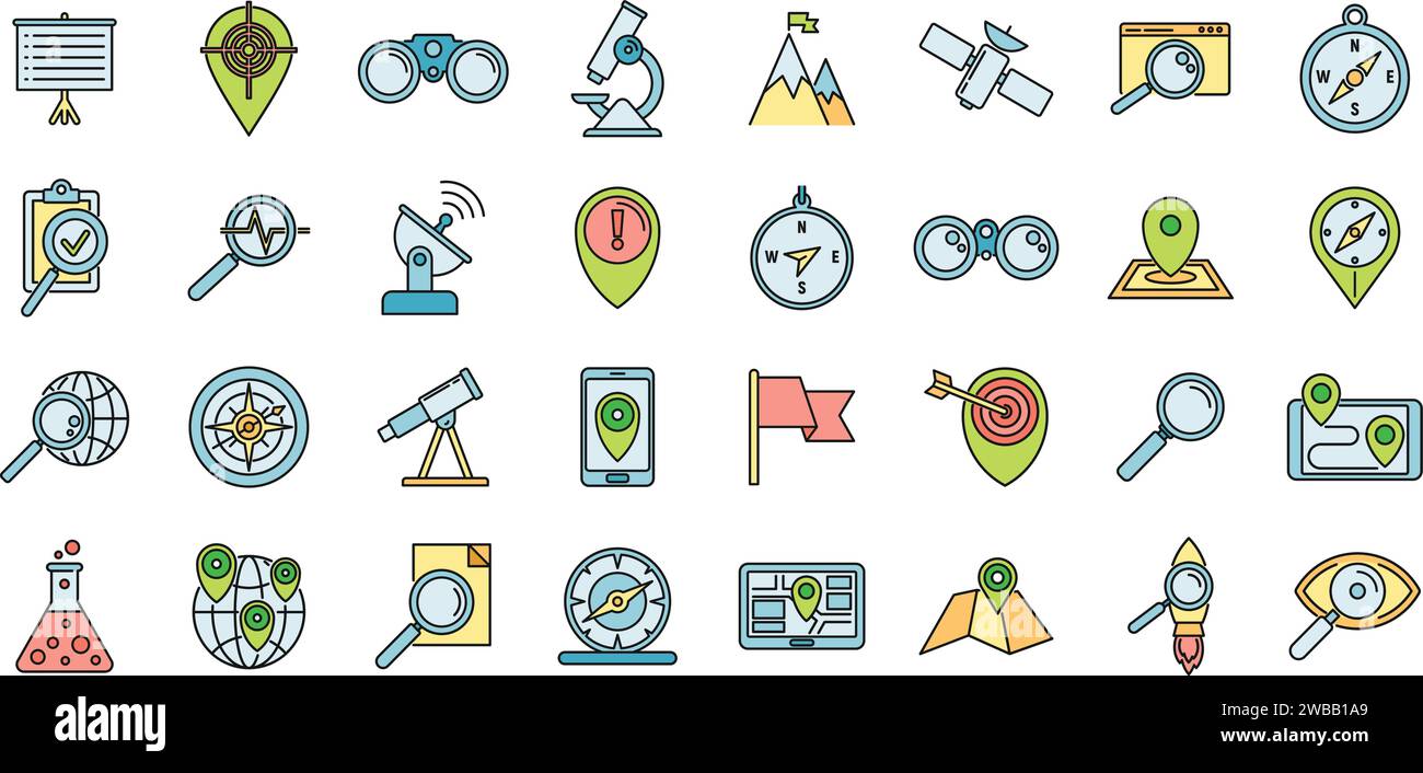 Research icons set. Outline set of research vector icons thin line ...