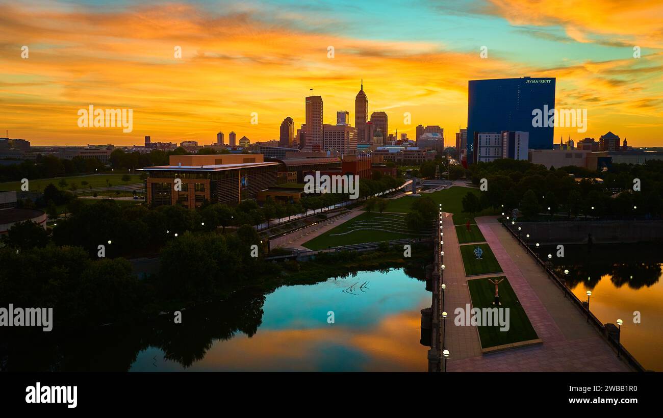 Aerial Indianapolis Skyline at Twilight with River Reflection Stock ...