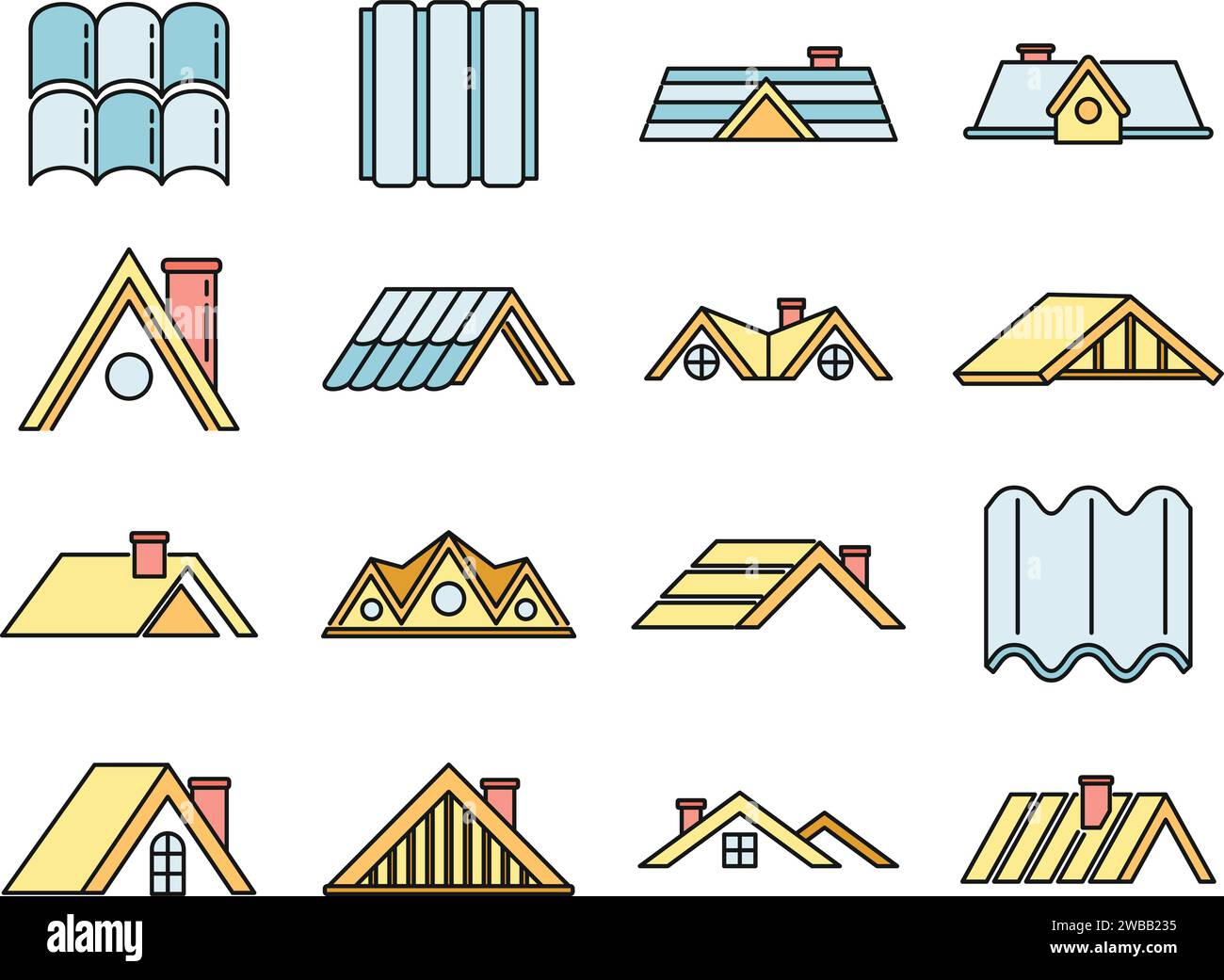 House roof icons set. Outline set of house roof vector icons thin line color flat on white Stock ...