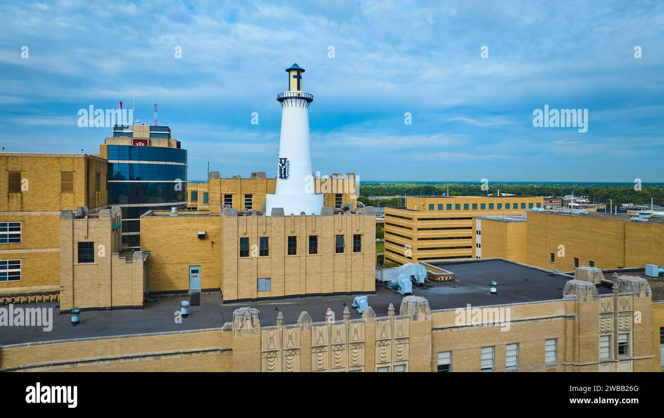 Aerial View of Urban Lighthouse on Art Deco Building Rooftop Stock ...