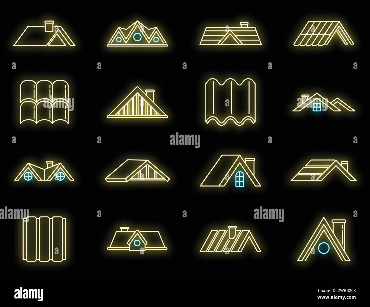 House roof icons set. Outline set of house roof vector icons neon color on black Stock Vector ...