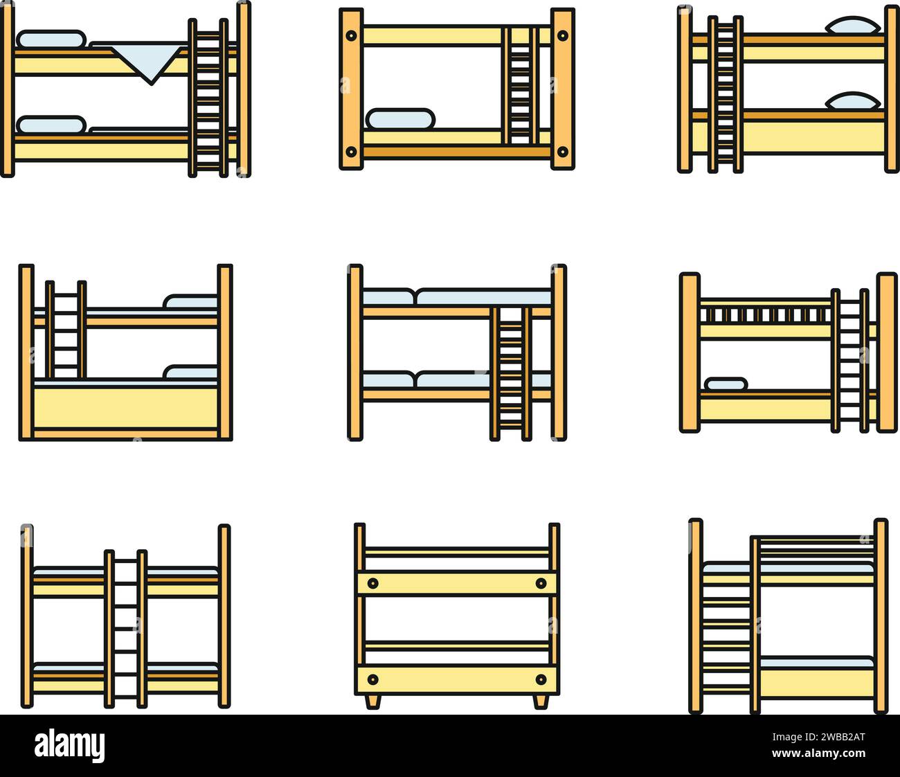 Family bunk bed icons set. Outline set of family bunk bed vector icons thin line color flat on ...