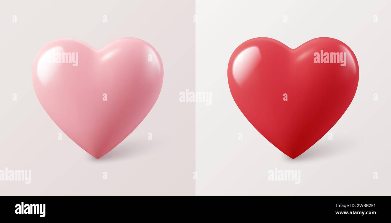 Vector 3d Realistic Heart Shape Closeup. Romantic Red and Pink Glossy ...
