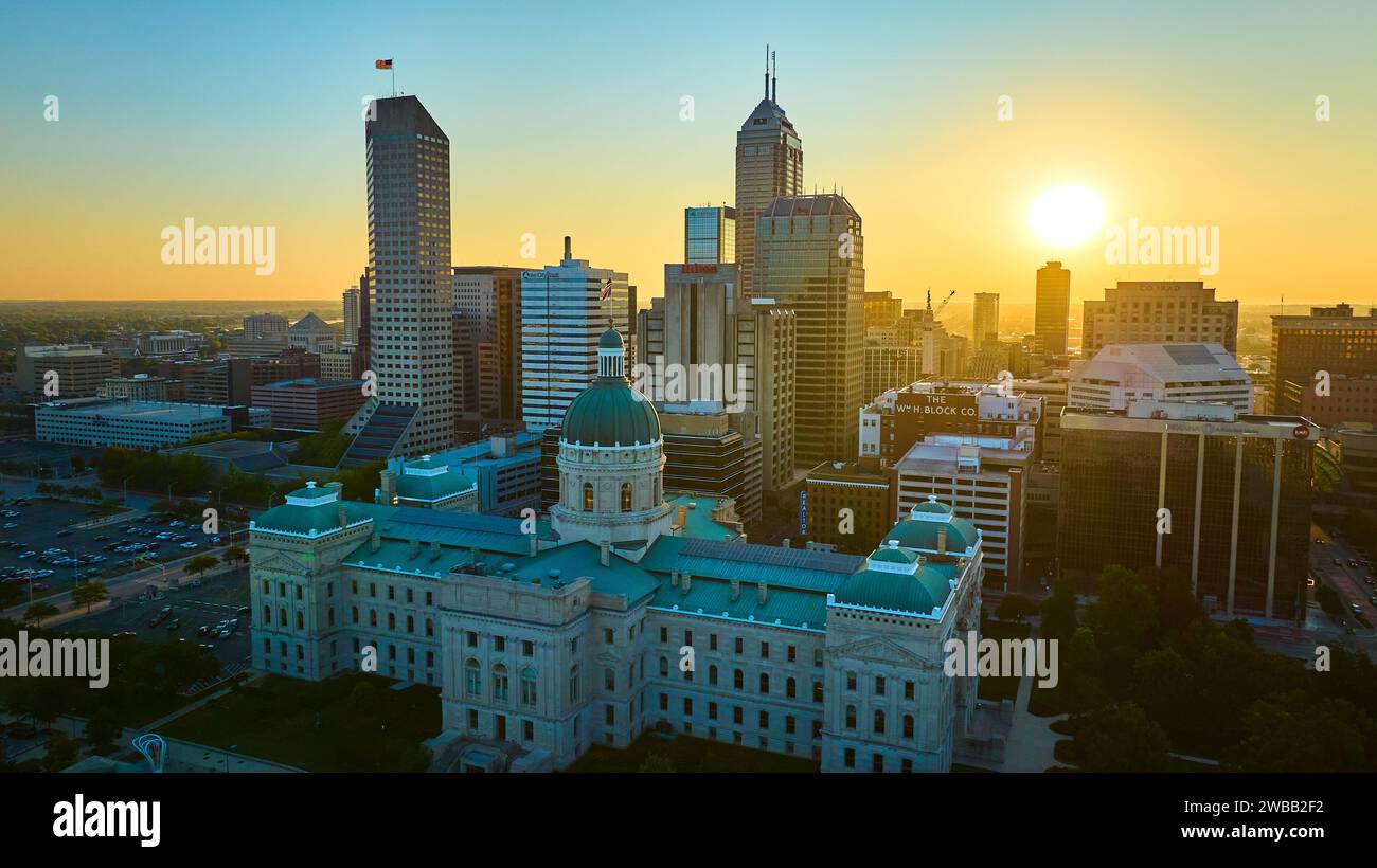 Aerial Golden Hour Cityscape with Historic Courthouse and Skyscrapers ...