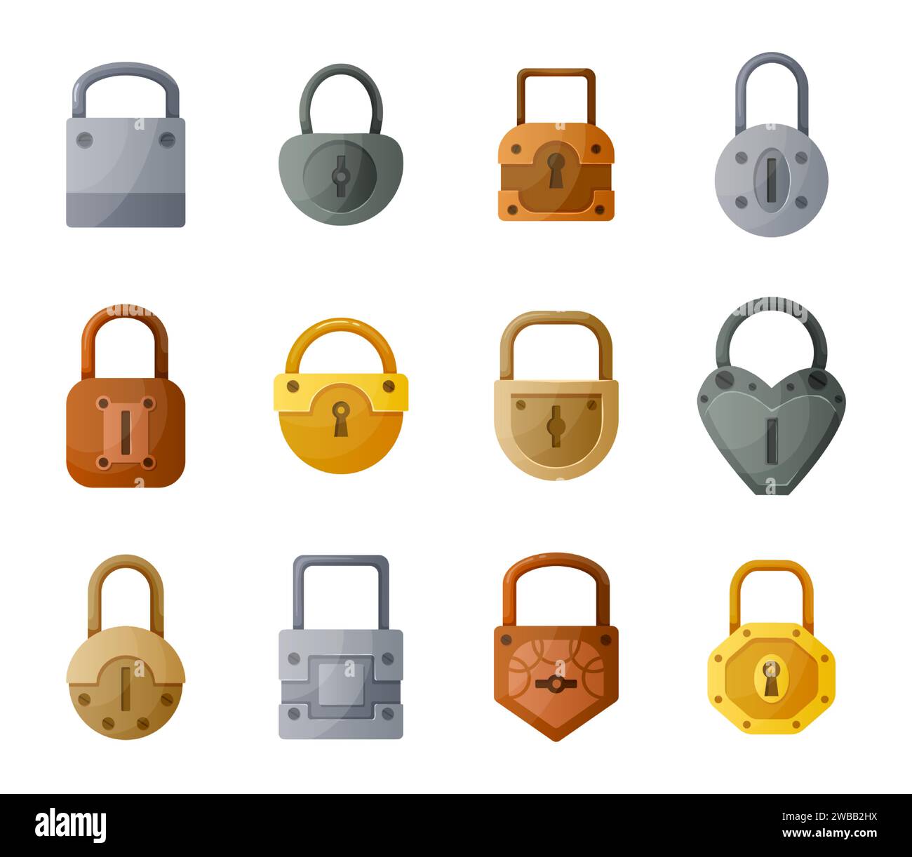 Cartoon lock. Golden and silver metal vintage or modern padlock. Data ...