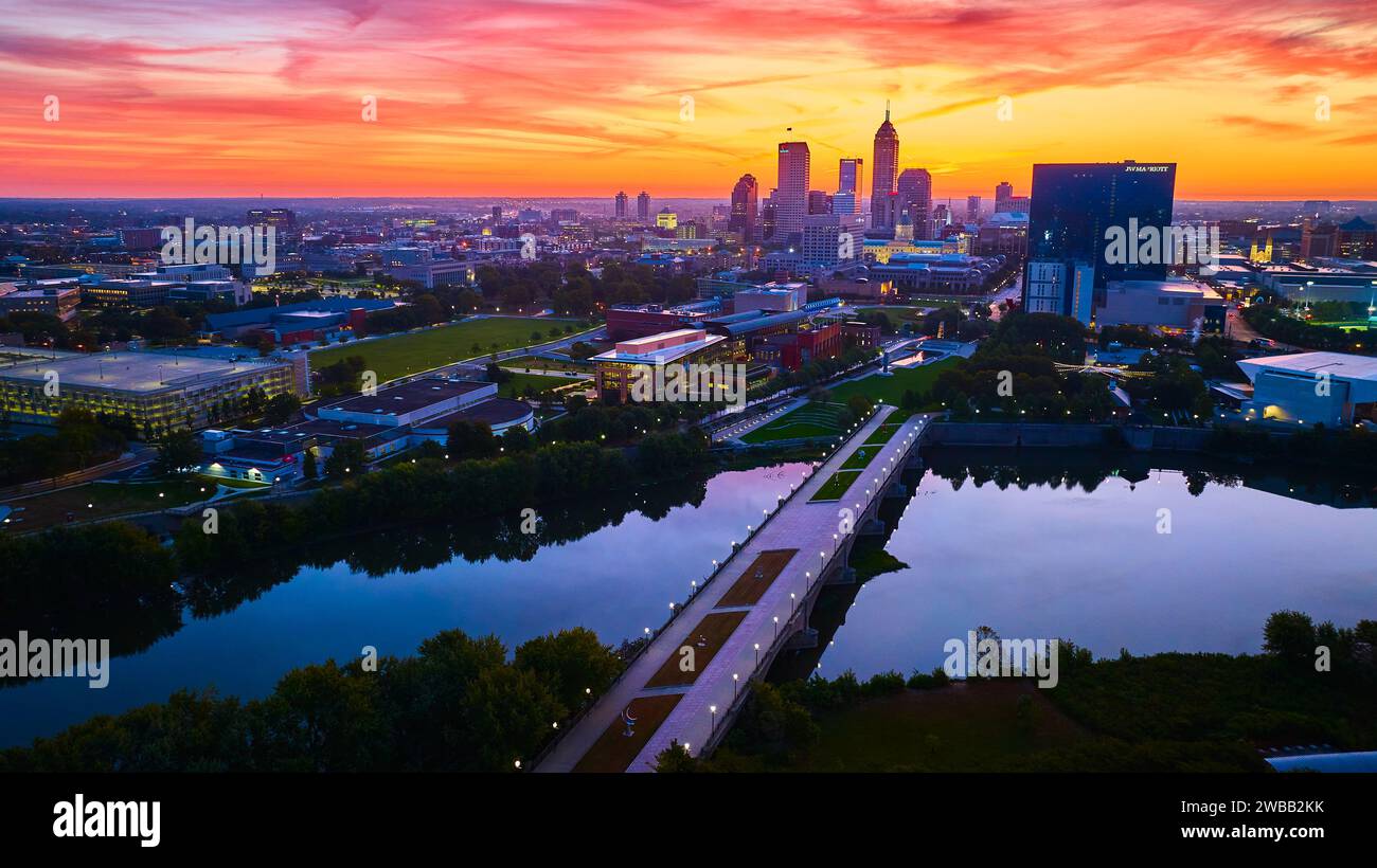 Aerial Indianapolis Skyline at Twilight with Bridge Reflection Stock ...