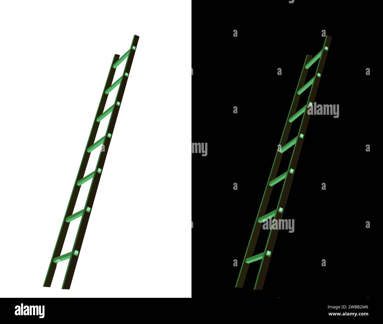 Side view dark green illustration ladder on an isolated white and black ...