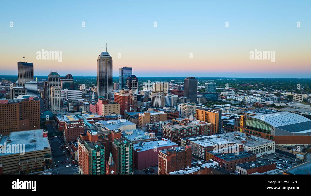 Aerial Evening Cityscape with Skyscrapers and Stadium in Indianapolis ...