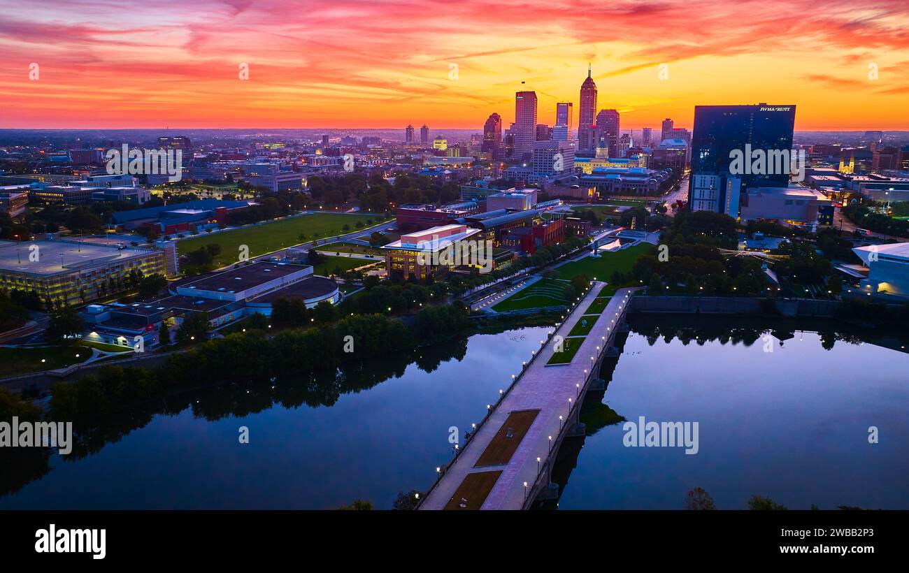 Aerial Indianapolis Skyline at Golden Hour with River Reflection Stock ...