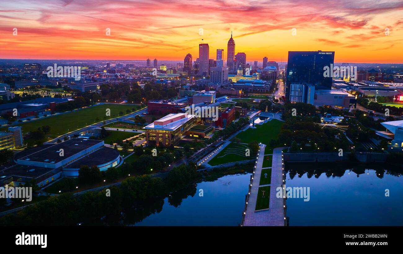 Aerial Sunrise Over Indianapolis Skyline and White River Stock Photo ...