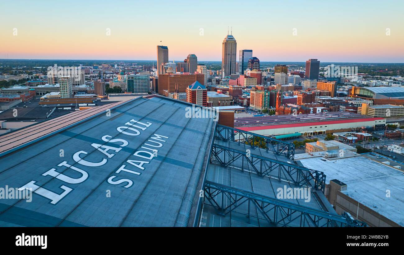 Aerial Golden Hour at Lucas Oil Stadium and Indianapolis Skyline Stock ...