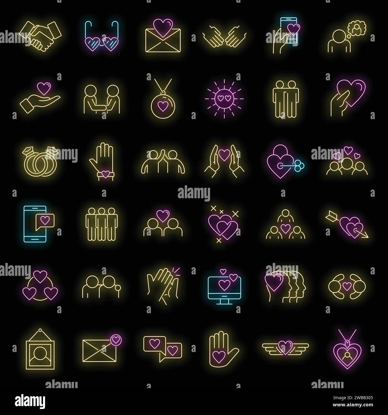 Affection icons set. Outline set of affection vector icons neon color ...