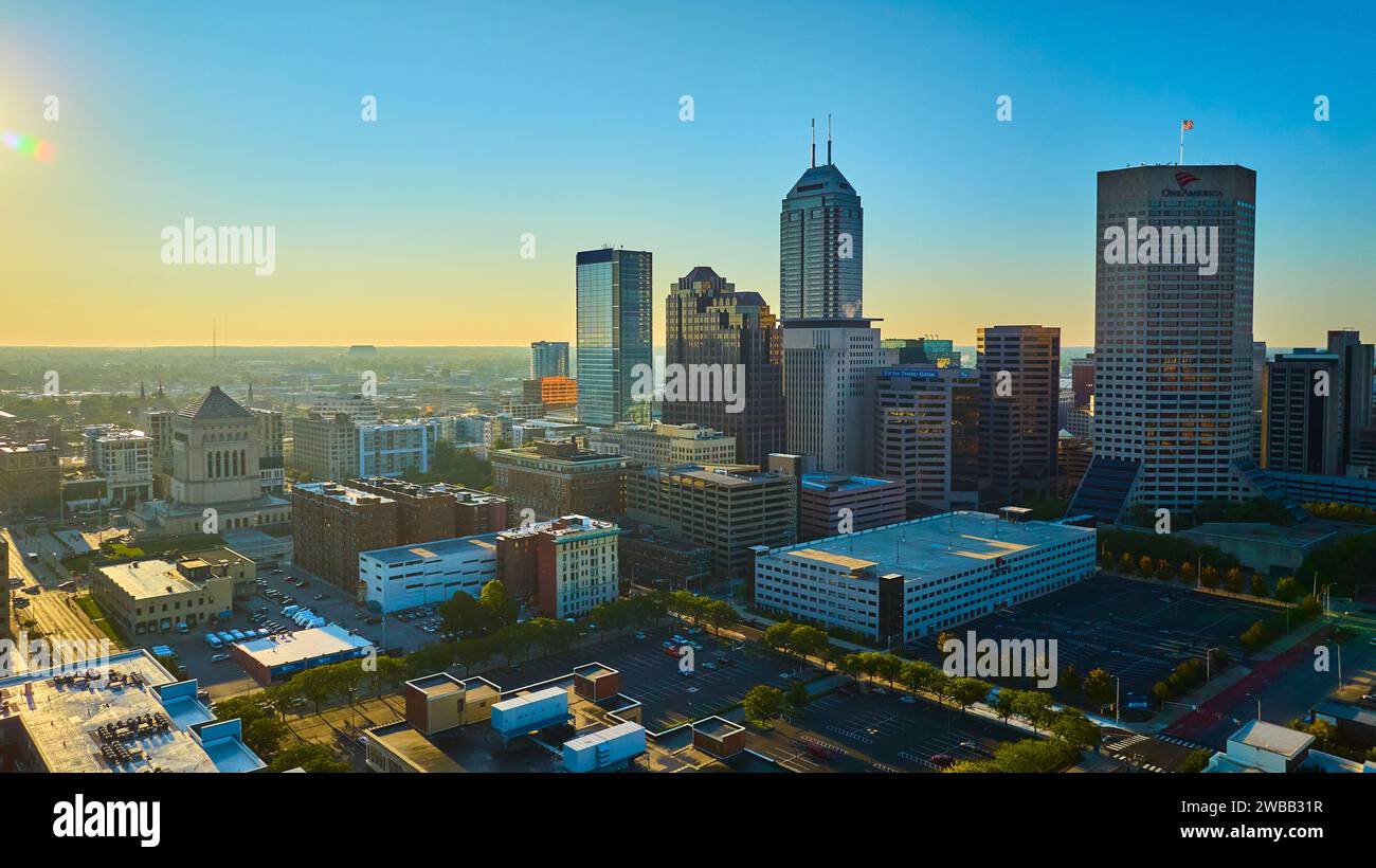 Aerial Indianapolis Skyline at Sunrise with Golden Light Stock Photo ...