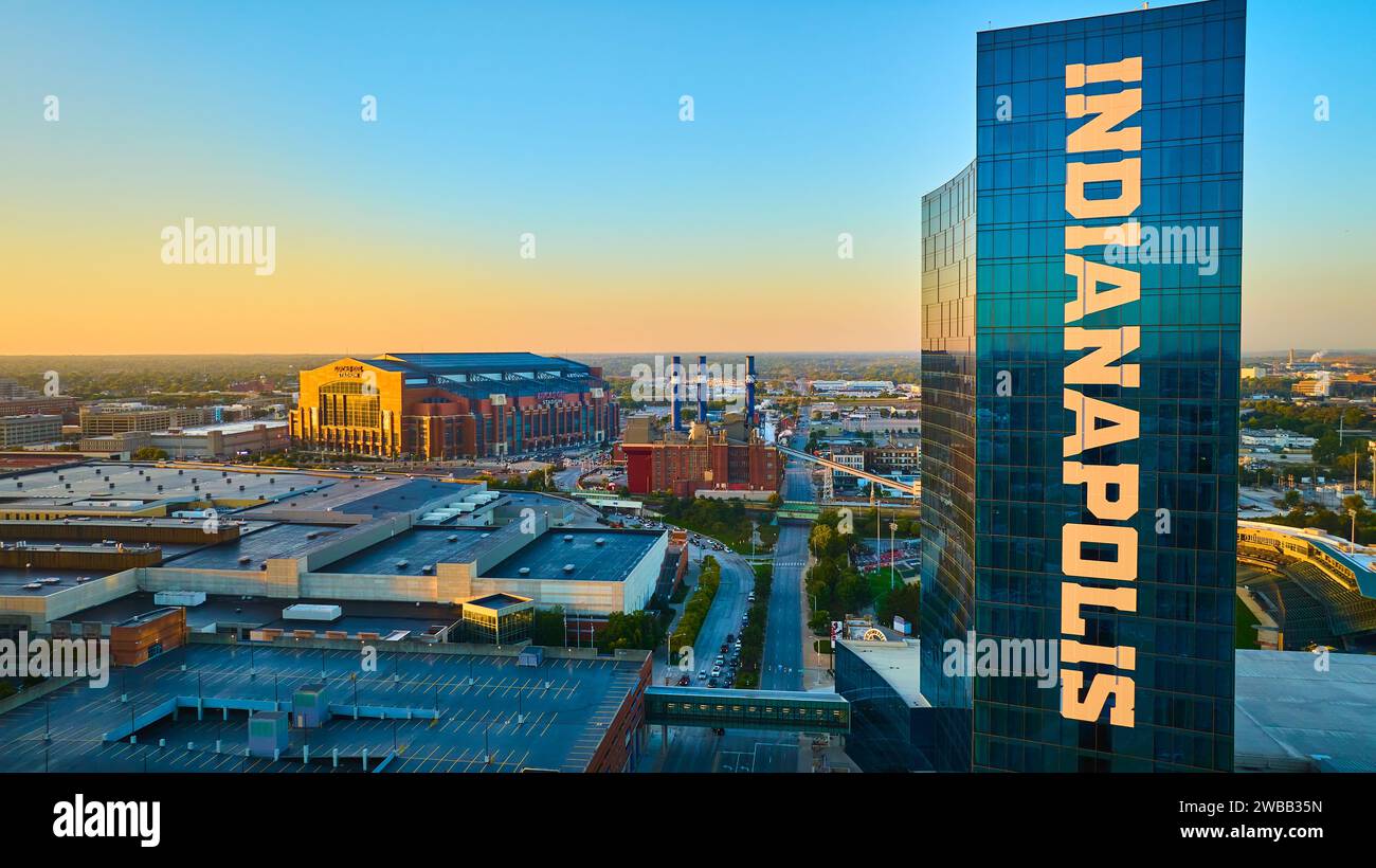 Aerial Indianapolis Skyline at Golden Hour with Stadium and Skyscraper ...