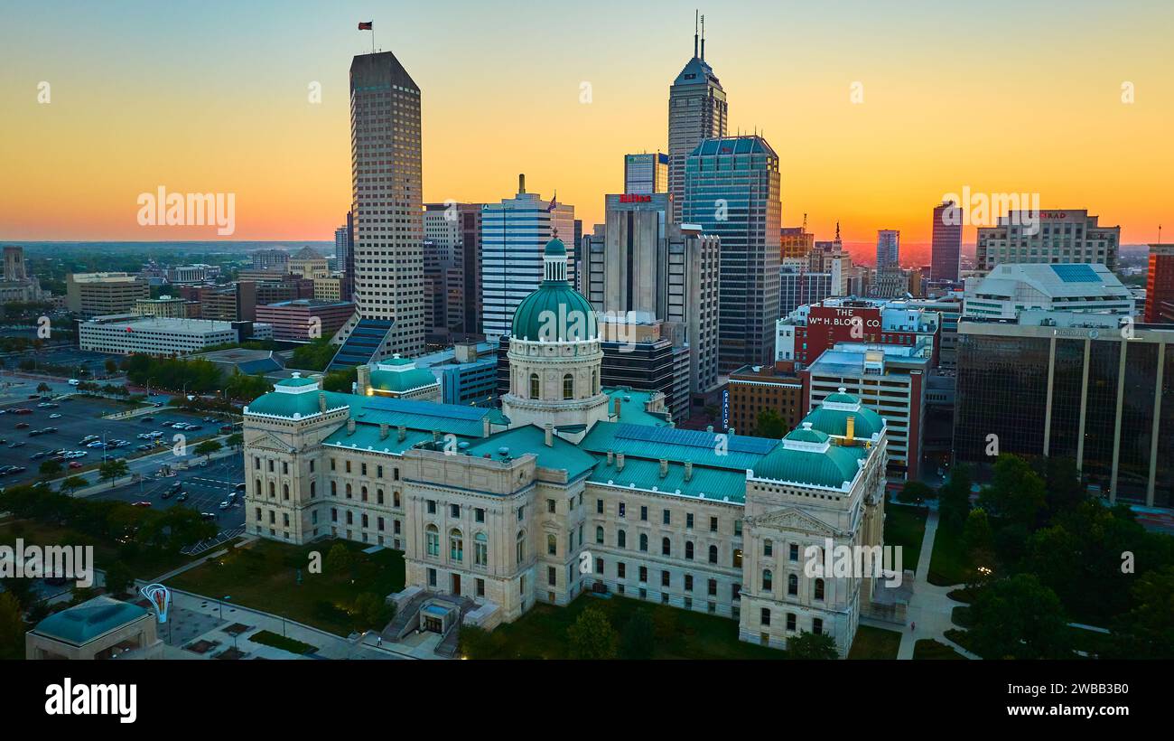 Aerial Golden Hour Cityscape with Historic Courthouse and Skyscrapers ...