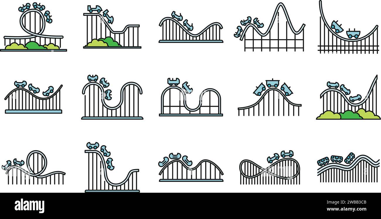 Roller coaster amusement icons set. Outline set of roller coaster ...