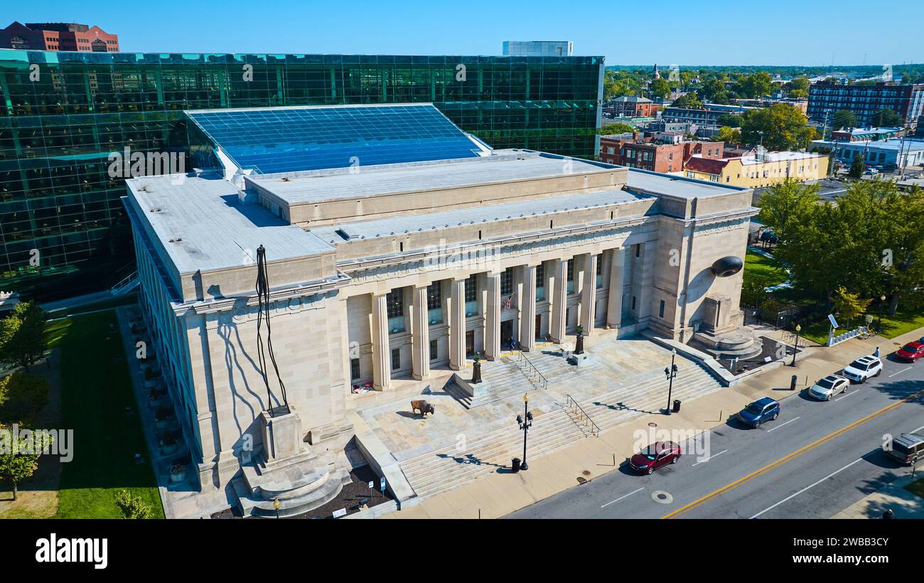 Aerial View of Neoclassical Library and Modern Plaza in Indianapolis ...