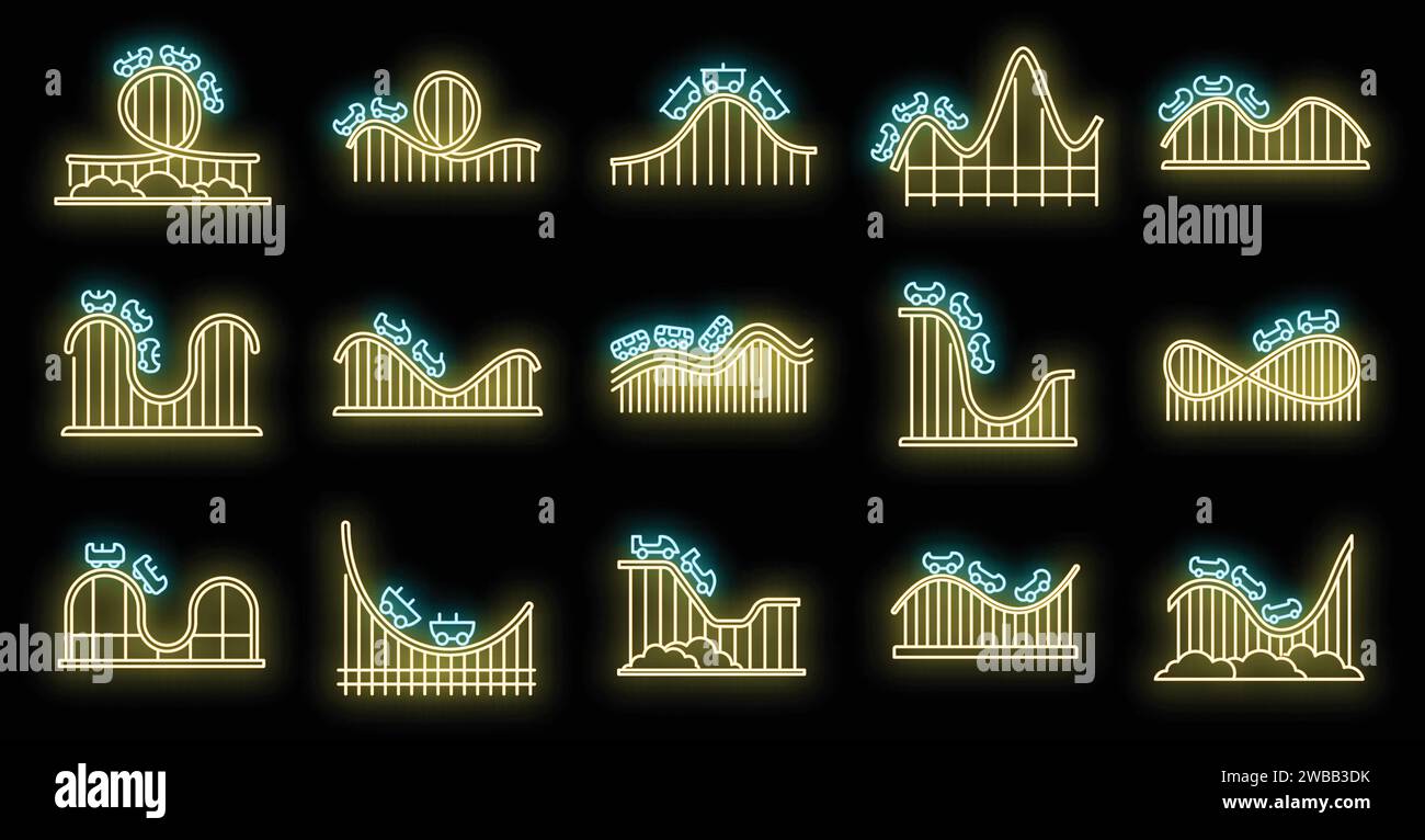Roller coaster amusement icons set. Outline set of roller coaster ...
