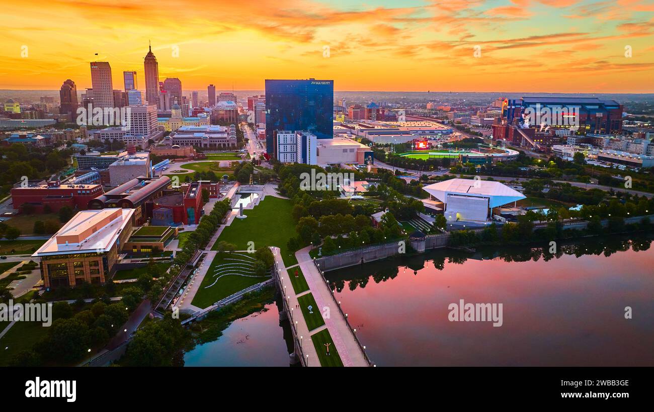 Aerial Golden Hour Cityscape with River and Park in Indianapolis Stock ...